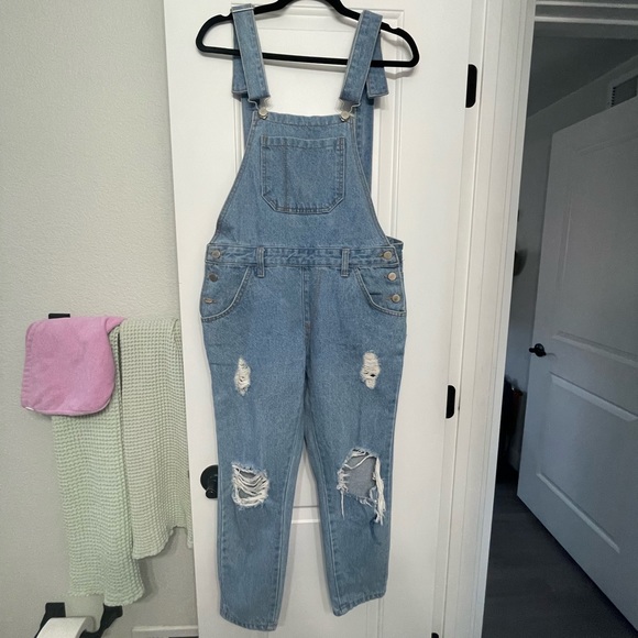Jeans | Denim Overalls Backless Adjustable Straps Ripped Knees | Poshmark